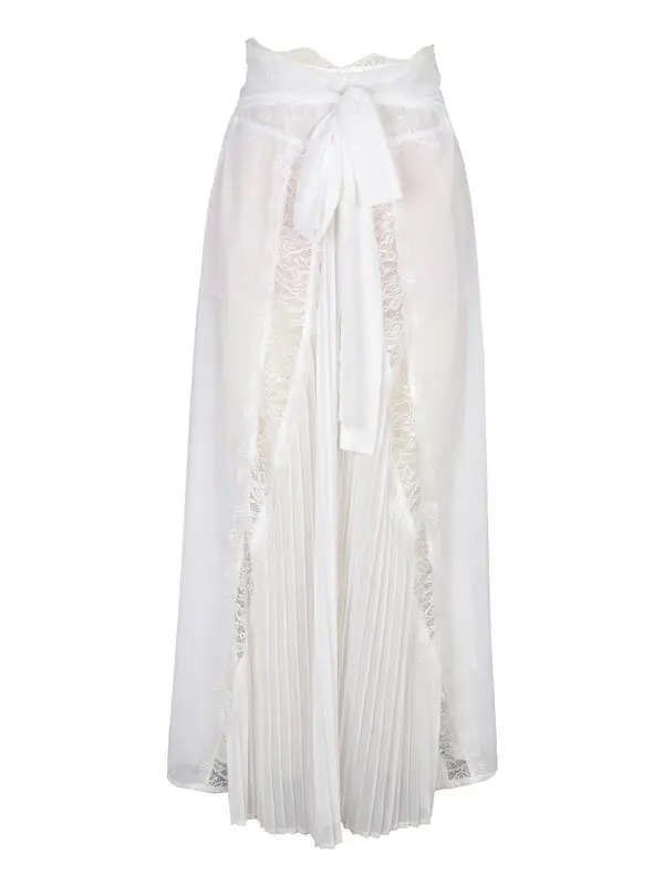 MODENAIRE Sheer Lace Panel Pleated Maxi Skirt With Waist Tie Detail - White