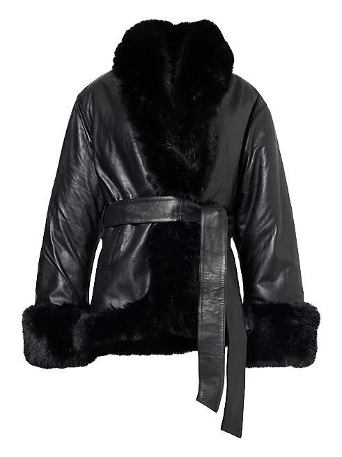 ROTATE BY BIRGER CHRISTENSEN Shawl Collar Belted Leather Jacket With Faux Fur Trim - Black