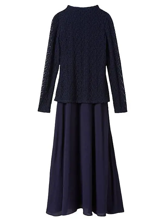 Whistles Long-sleeved Lace And Woven Midi Dress - Navy