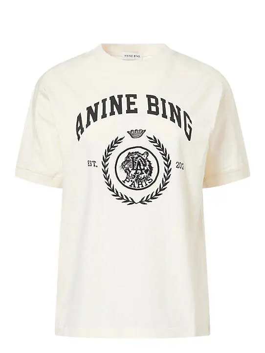 ANINE BING Jaylin Crest-embroidered Cotton T-shirt - Ecru