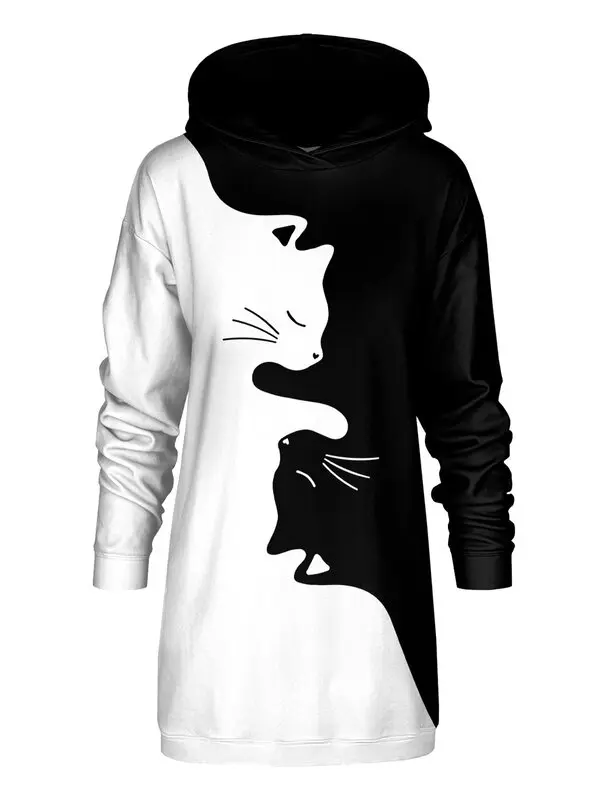 ALOHA FROM DEER Black / White Black And White Cats Oversize Hoodie Dress - Black/white