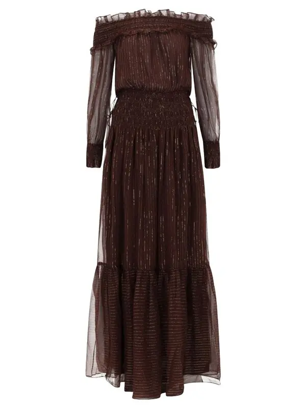 SELF-PORTRAIT Off-the-shoulder Ruffled Sheer Maxi Dress - Brown