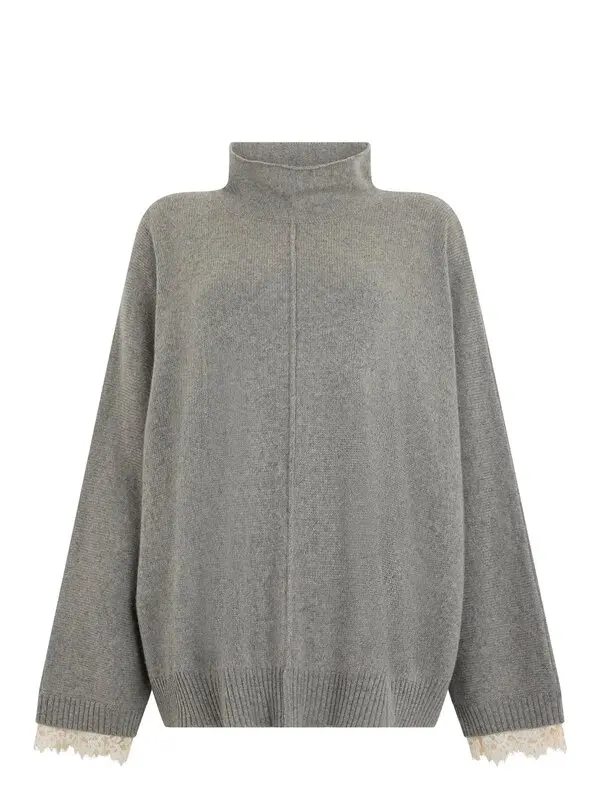 Alberta Ferretti Oversized High-neck Cashmere-wool Sweater With Lace Trim - Grey