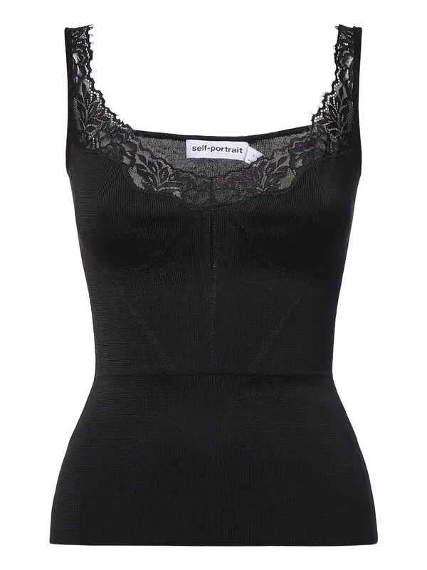 SELF-PORTRAIT Lace-trim Fitted Tank Top - Black