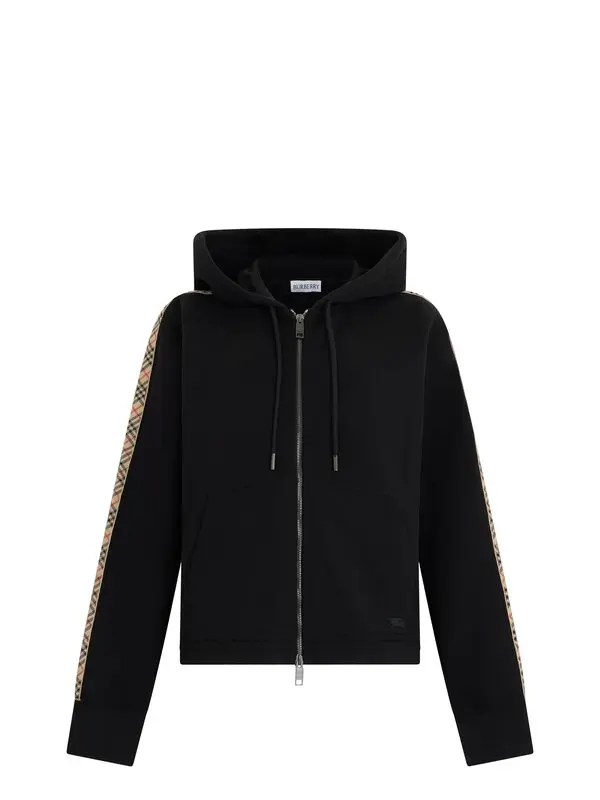 Burberry Zip-up Hooded Sweater With Check Detail - Black