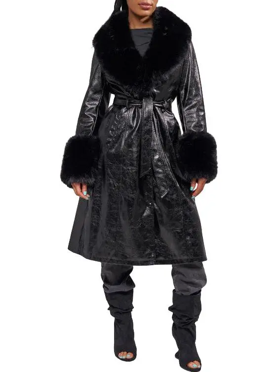 AZALEA WANG Faux Leather Trench Coat - Black