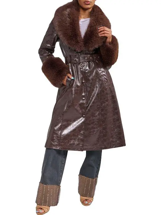 AZALEA WANG Faux Leather Trench Coat - Espresso