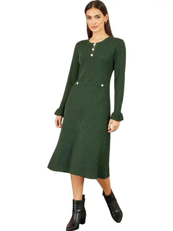 YUMI Long Sleeve Knitted Midi Dress With Decorative Buttons - Green