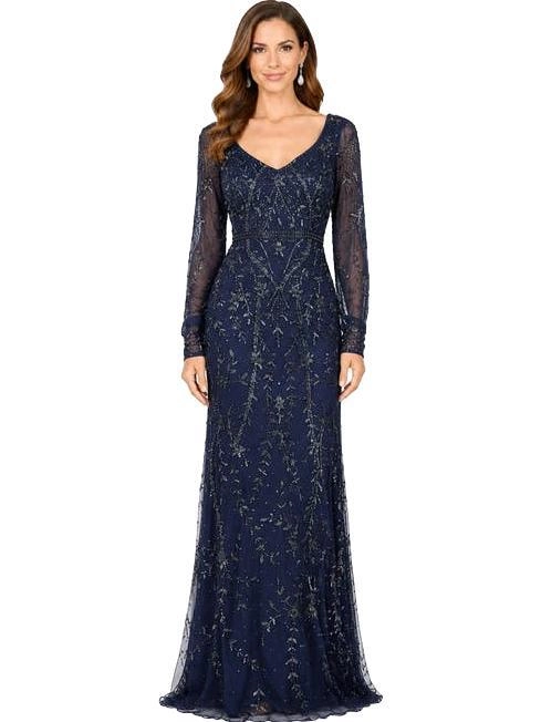 LARA NEW YORK V-neck Beaded Gown With Sleeves - Navy