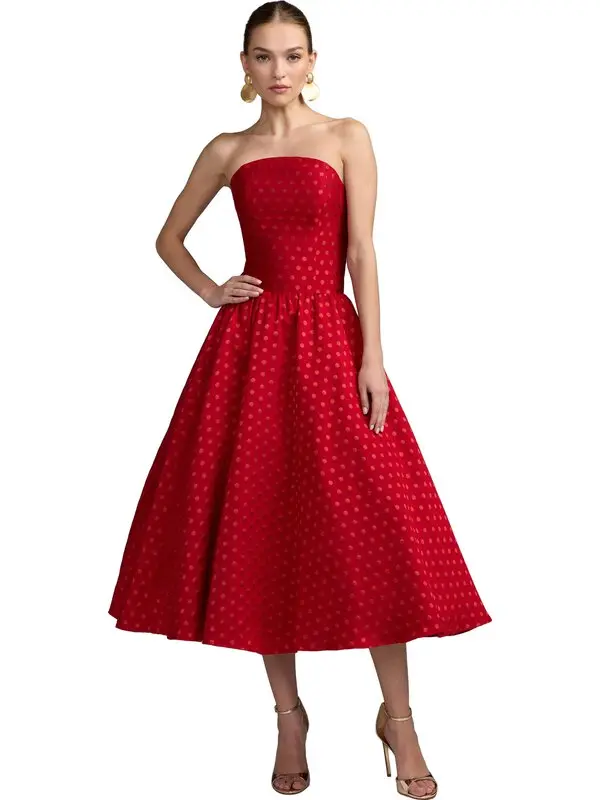 Mac Duggal Strapless Polka Dot Brocade Midi Dress - Red Multi