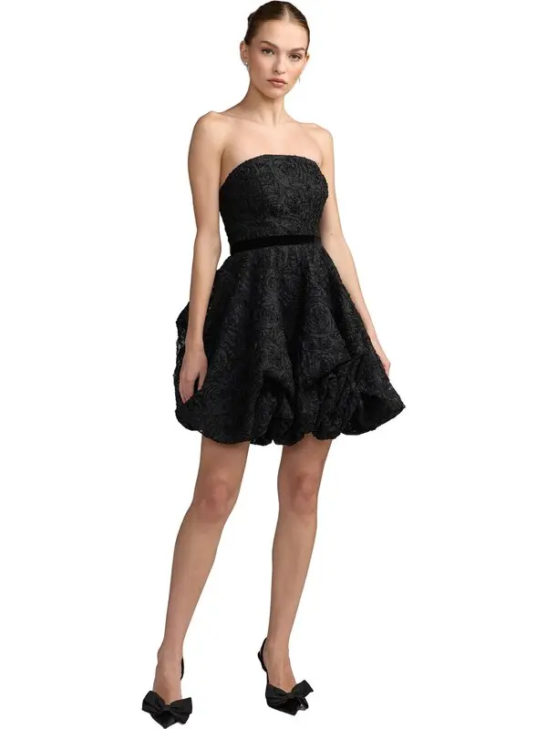 Mac Duggal Strapless Bubble Hem Mini Dress With Textured Embroidery - Black