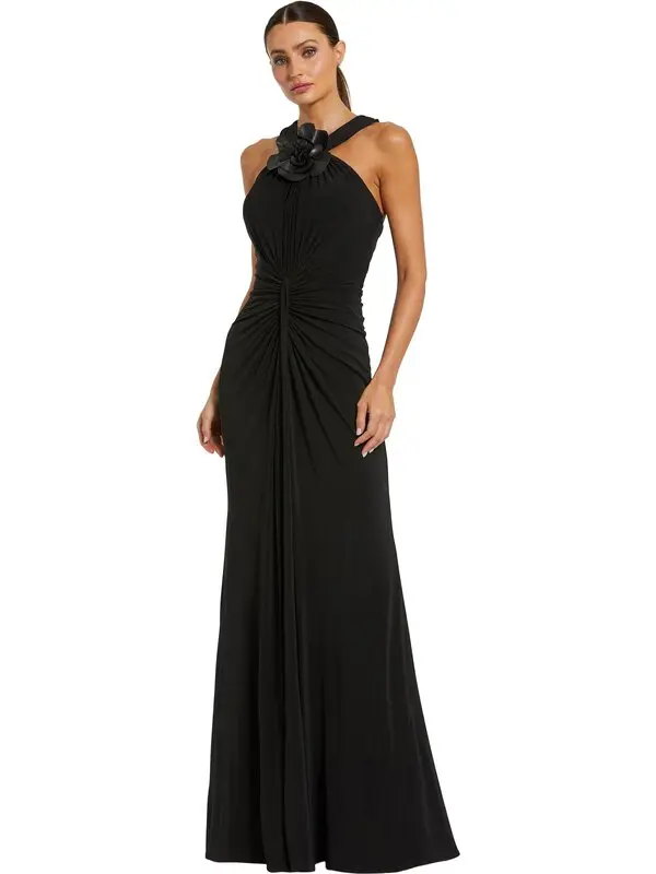 Mac Duggal Jersey Halter Neck Gown With 3d Flower Applique - Black