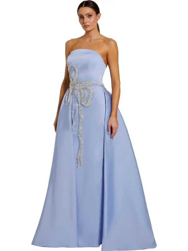 Mac Duggal Strapless Embellished Satin Gown With Overskirt - Blue