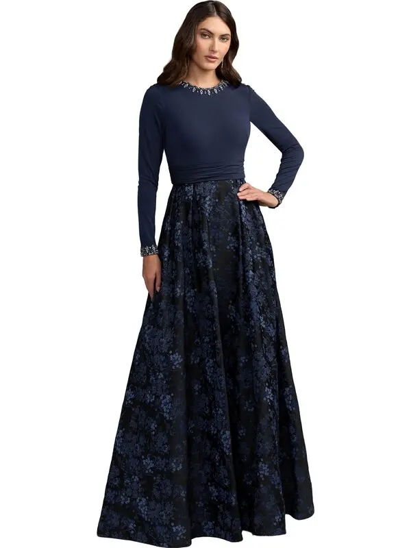 Mac Duggal Petite Navy Floral Brocade A-line Gown - Midnight