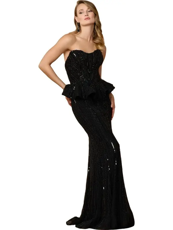 MAC DUGGAL COLLECTION Embellished Strapless Peplum Gown - Black
