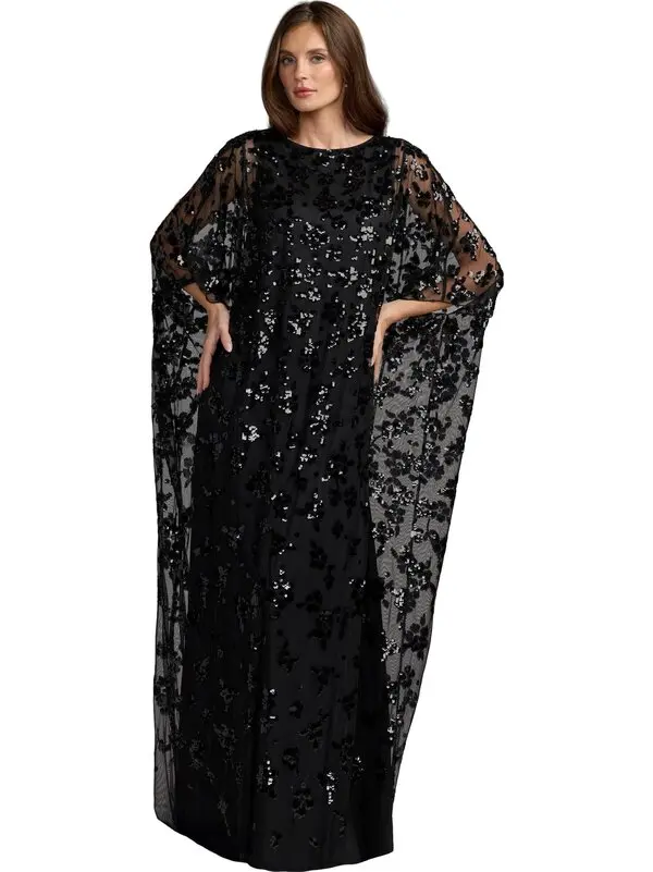 Mac Duggal Sequin Embellished High Neck Kaftan Gown - Black