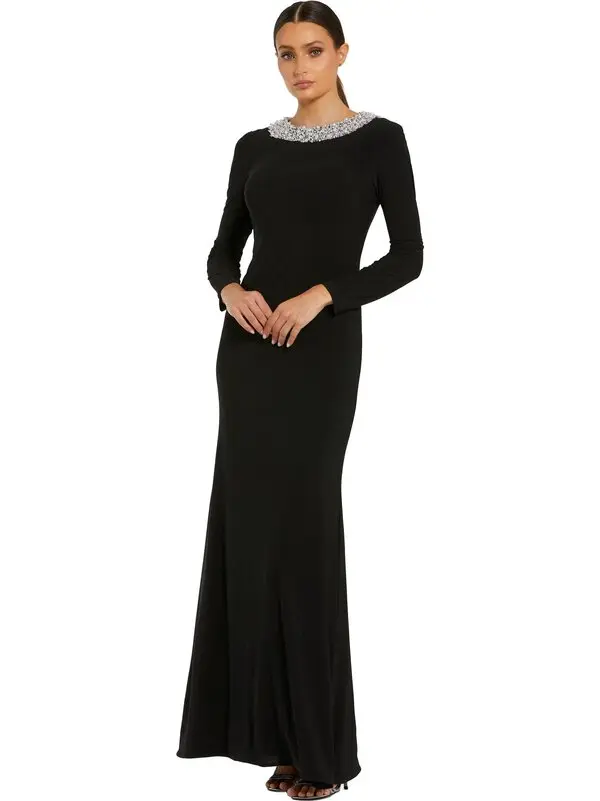 Mac Duggal Petite Long Sleeve Embellished High Neck Jersey Gown - Black