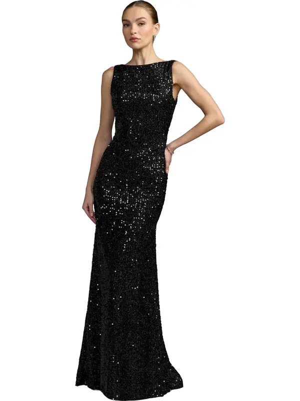 Mac Duggal Cowl Back Sequined Evening Gown - Black