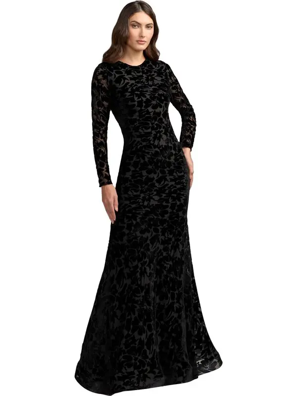 Mac Duggal High Neck Long Sleeve Floral Velvet Gown - Black
