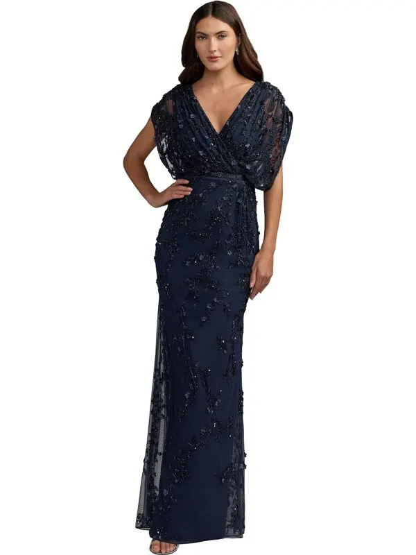 Mac Duggal Beaded V-neck Short Sleeve Blouson Gown - Navy