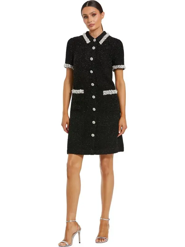 Mac Duggal Pearl Trim Boucle Mini Dress - Black