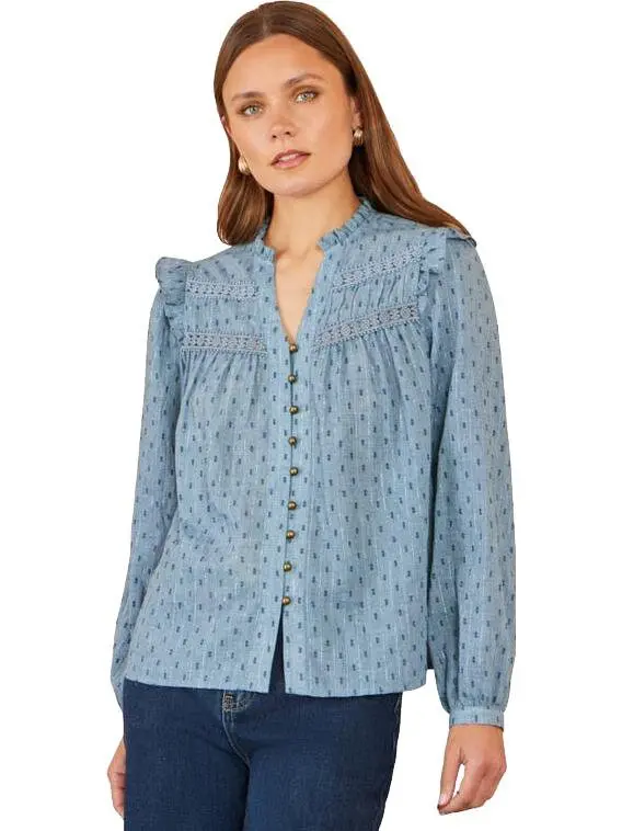 YUMI Cotton Lace Trim Shirt - Blue