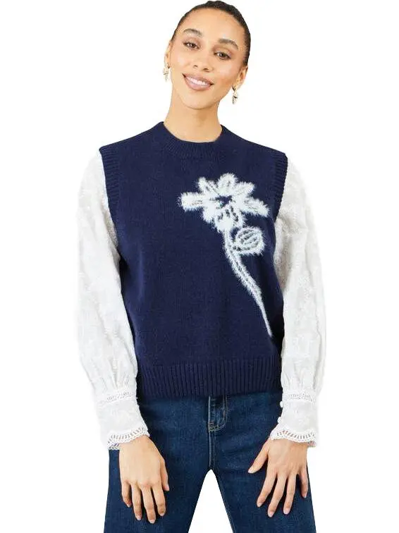 YUMI Knitted Flower Sleeveless Jumper Vest - Navy
