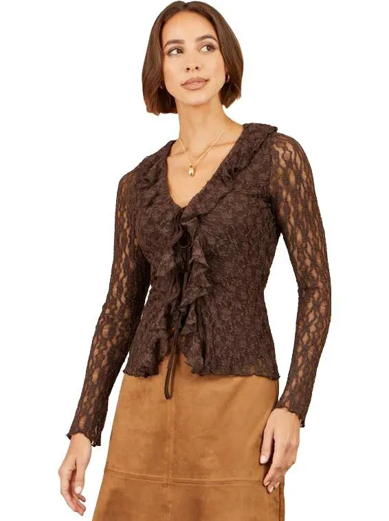 YUMI Sheer Lace Ruffle Front Tie Long Sleeve Top - Brown