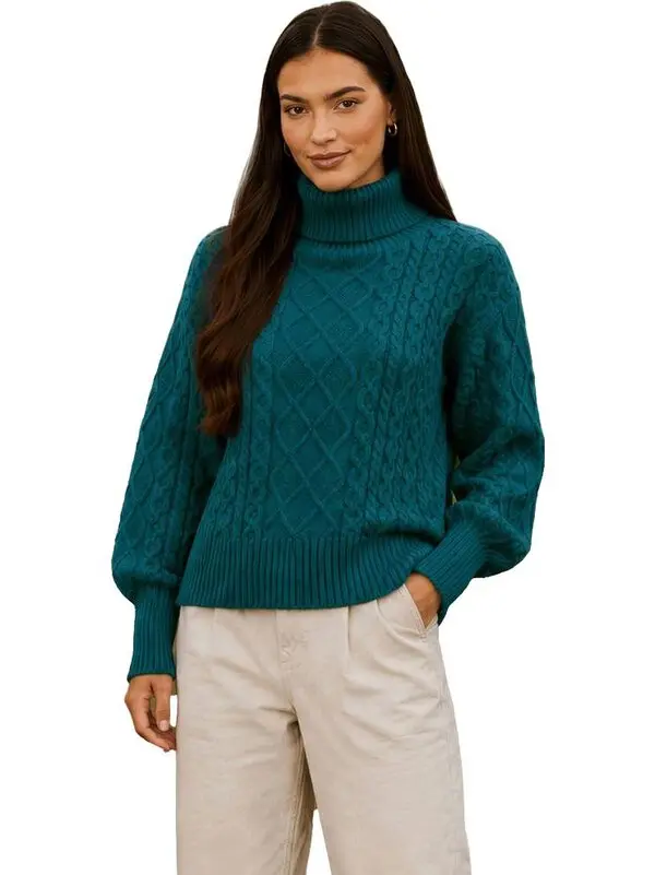 YUMI Cable Knit Roll Neck Jumper - Teal