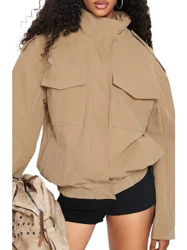 Princess Polly Double Life Funnel Neck Cargo Jacket - Beige
