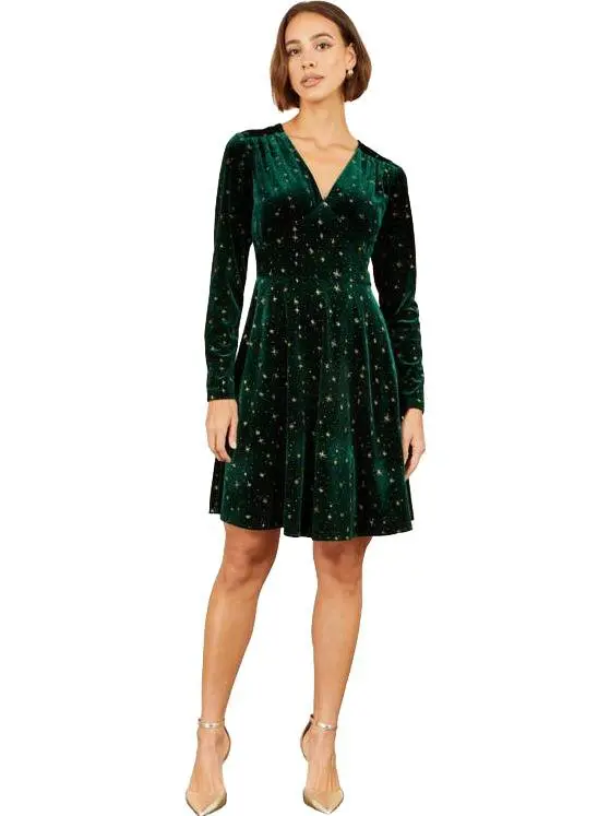 YUMI Foil Star Print Velvet Skater Dress - Green