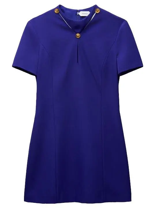 Versace Wool Grain De Poudre Minidress With Medusa Medallions - Blue