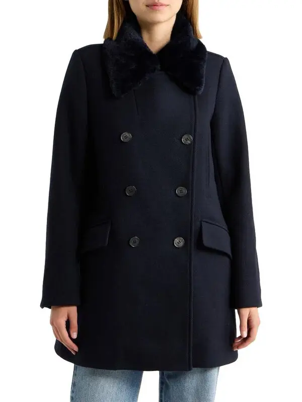 LoveShackFancy Verdine Faux Fur Collar Double Breasted Coat - Navy
