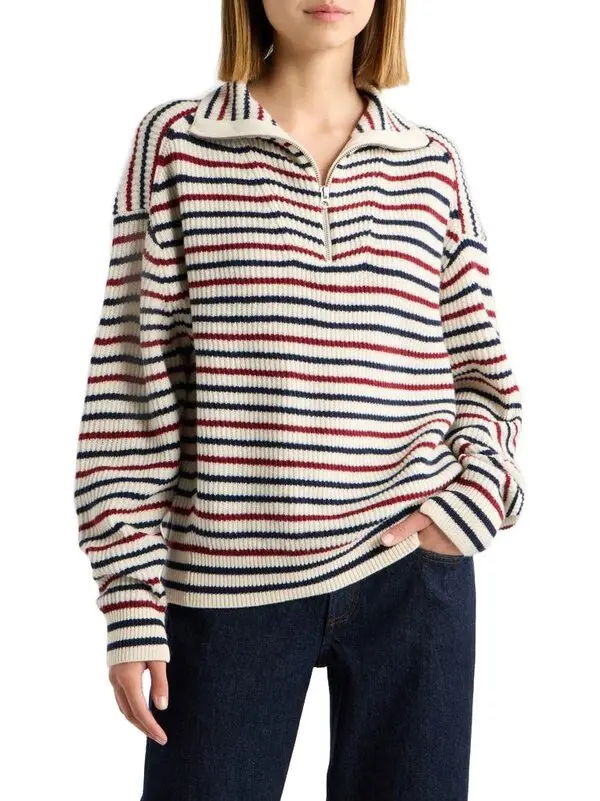 Rag & Bone Georgie Stripe Wool Quarter Zip Sweater - Ivory Multi