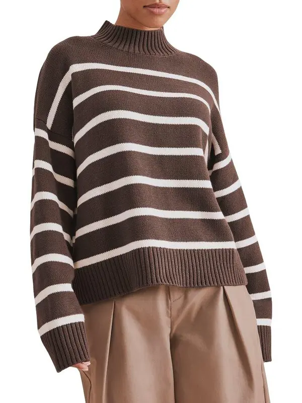 Splendid Nora Stripe Mock Neck Sweater - Java Brown/shell