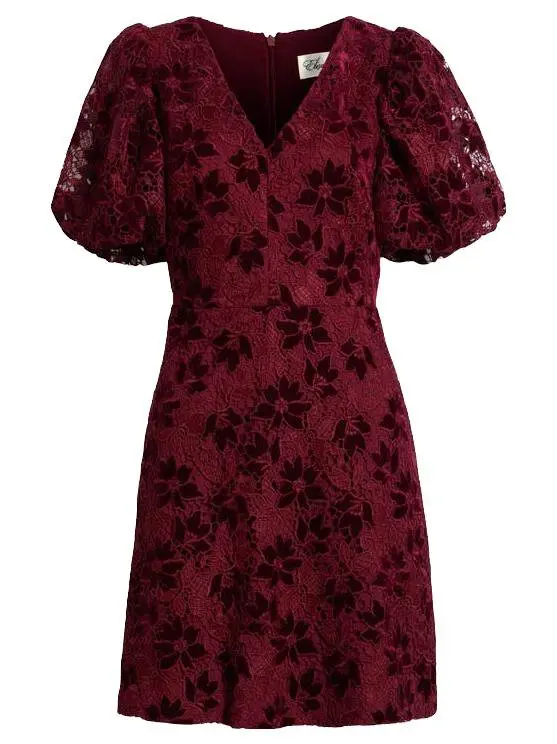 Eliza J V-neck Puff Sleeve Fit & Flare Lace Dress - Wine