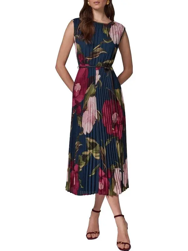 Donna Karan New York Floral Print Pleated Sleeveless Dress - Navy