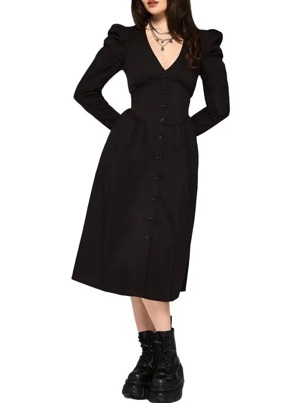 DISTURBIA Morag Button-up Puff Sleeve Midi Dress - Black