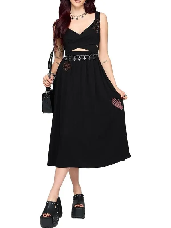 DISTURBIA Mireth Embroidered Wrap Front Midi Dress - Black