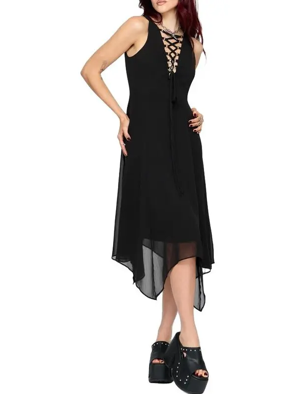 DISTURBIA Luciana Lace Up Neck Chiffon Midi Dress - Black