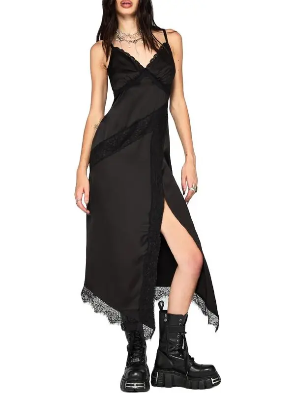 DISTURBIA Lace Trim Asymmetric Midi Dress - Black