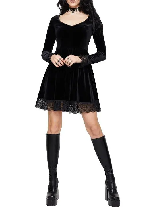 DISTURBIA Orbweb Velour Lace Trim Mini Dress - Black