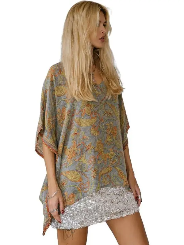 SUN CHILD Reclaimed Vintage Sari Mini Kaftan - Grey