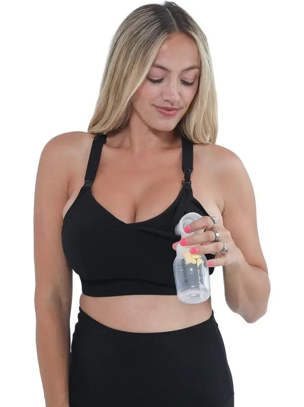 SWEAT & MILK Maeve Run Times Sewn In Cups Nursing And Pumping Sports Bra - Noir