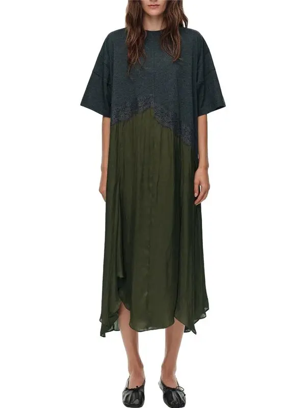 Bimba Y Lola Asymmetrical Lace Overlay Midi Dress - Khaki