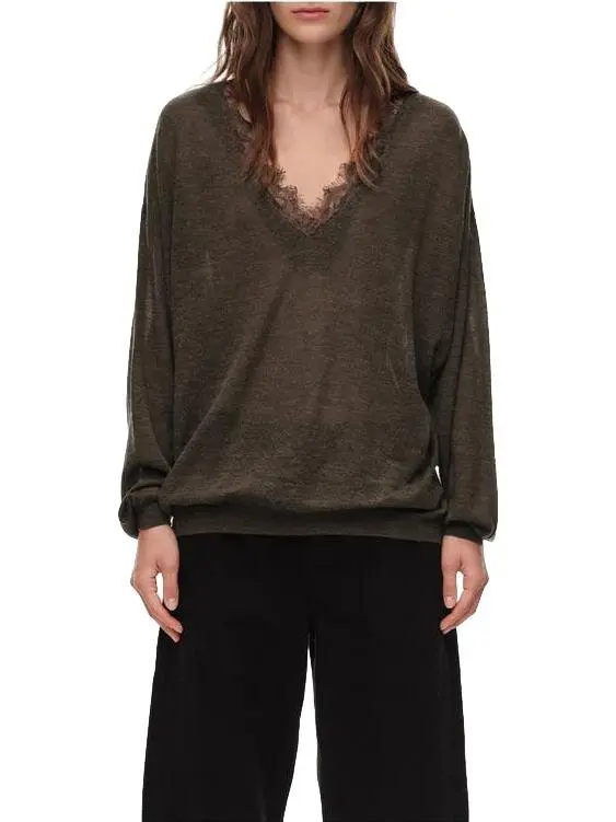 Bimba Y Lola Long Wool Blend Sweater With Lace Trim - Chocolate