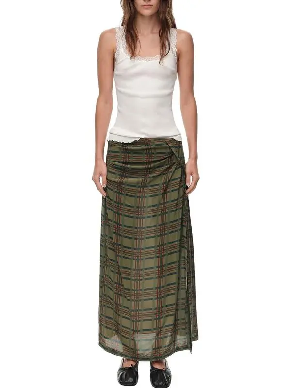 Bimba Y Lola Checked Gathered Fluid Maxi Skirt - Khaki