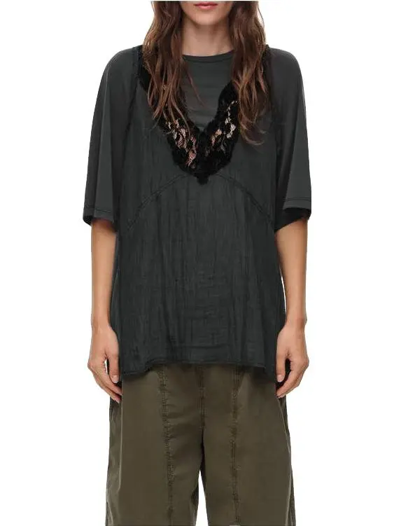 Bimba Y Lola Lace Bib T-shirt - Washed Black