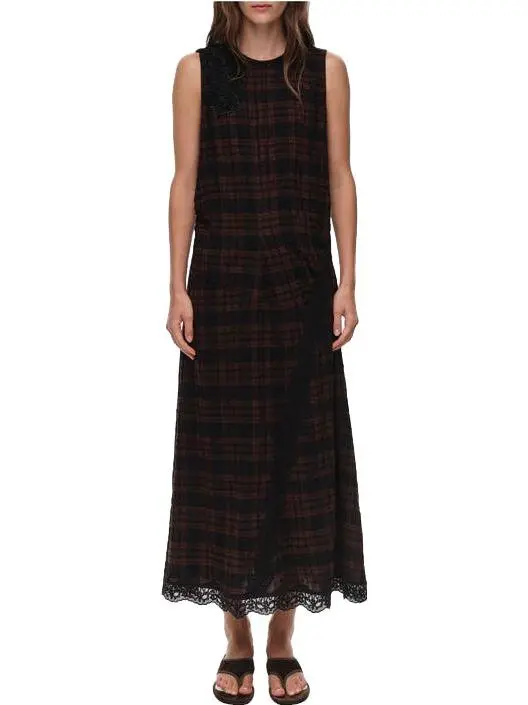 Bimba Y Lola Checked Midi Dress With Lace Trim - Dark Brown
