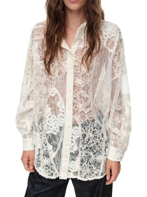 Bimba Y Lola Oversize Lace Patchwork Shirt - Ivory